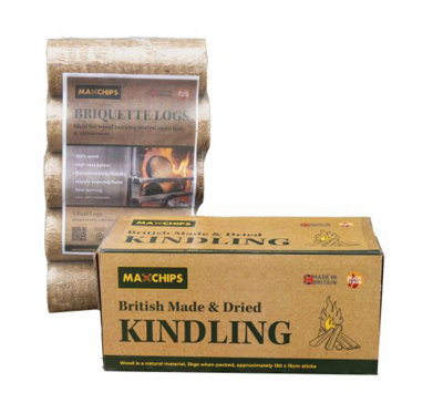 1 Pack of Maxchips Briquette Logs and 1 Box of Kiln Dried Kindling. (Delivery Included)