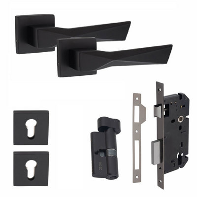 1 Pair Modern Aura Euro Lock Square Internal Door Handles 70mm Key ...
