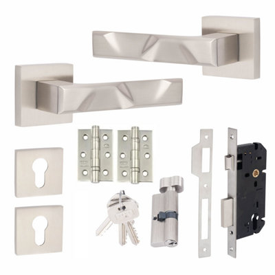 1 Pair Modern Nova Euro Lock Door Handles 70mm Thumbturn Barrell Satin ...