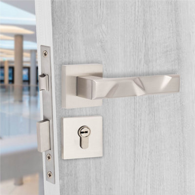 1 Pair Modern Nova Euro Lock Door Handles 70mm Thumbturn Barrell Satin ...