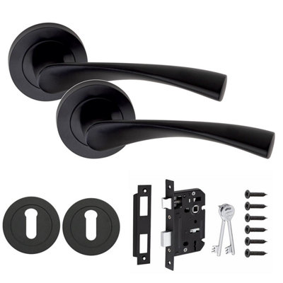 1 Set Astrid Design Key Lock Door Handles Matt Black Finish on Round ...