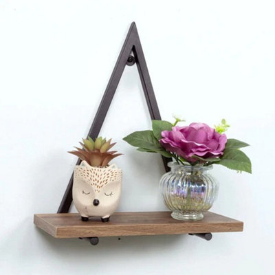 1 Tier Dark Oak Effect Triangle Wall Shelf with Black Metal Frame
