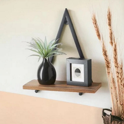 1 Tier Dark Oak Effect Triangle Wall Shelf with Black Metal Frame