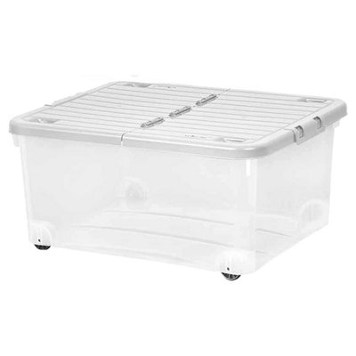 1 x 30L Clear Plastic Stackable Wheeled Storage Container With Folding ...