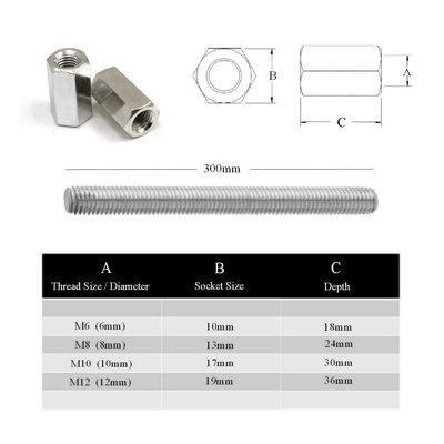 1 x Fully Threaded Screw Rod M12 x 300mm Steel Studding Bar & 2 ...