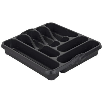 1 x Large Plastic Black 7 Compartment Cutlery Tray Rack Holder For Kitchens