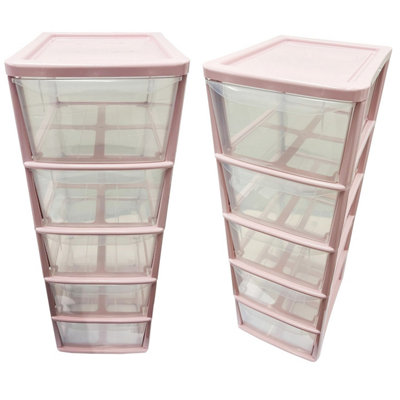 1 x Tall Pink Home Office 5 Clear Drawer Plastic Modular Storage Tower Unit