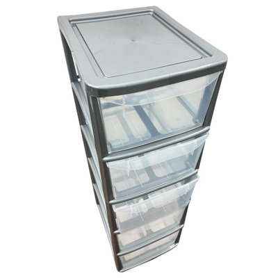 1 x Tall Silver Home Office 5 Clear Drawer Plastic Modular Storage ...