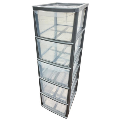 1 x Tall Silver Storage Tower Unit With 5 Large Spacious Clear Plastic ...