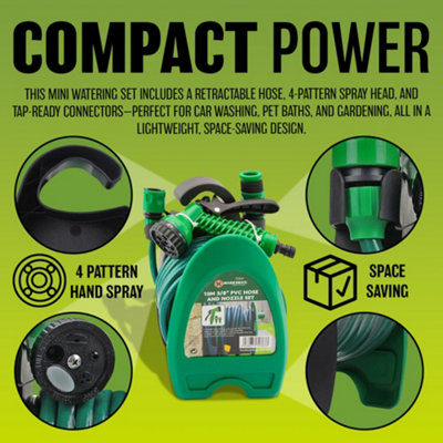10 Metre Patio Hose Set Mini Garden Water Watering Hose Pipe Reel Spray ...