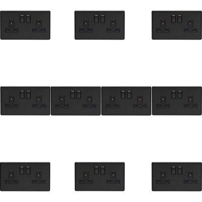 10 PACK 2 Gang Double DP 13A Switched UK Plug Socket SCREWLESS MATT ...