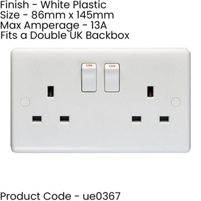 10 PACK 2 Gang Double Pole 13A Switched UK Plug Socket - WHITE Wall ...