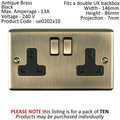 10 PACK 2 Gang Double UK Plug Socket ANTIQUE BRASS 13A Switched Power ...