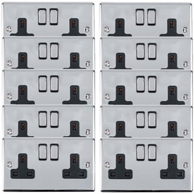 10 PACK 2 Gang Double UK Plug Socket POLISHED CHROME 13A Switched Black ...