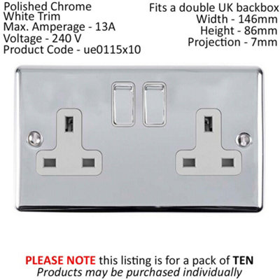 10 PACK 2 Gang Double UK Plug Socket POLISHED CHROME 13A Switched White ...