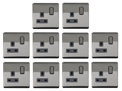 10 Pack Black Nickel Screwless 13A 1 Gang Plug Sockets Modern Design ...