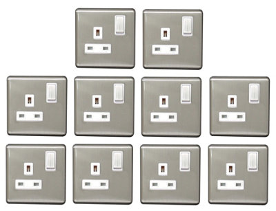10 Pack Brushed Stainless Steel Screwless 13A 1 Gang Double Pole Plug ...