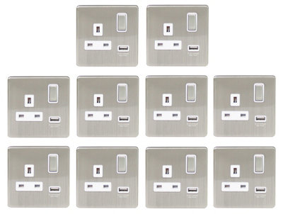 10 Pack Brushed Stainless Steel Screwless 13A & 2.1A USB Charger ...
