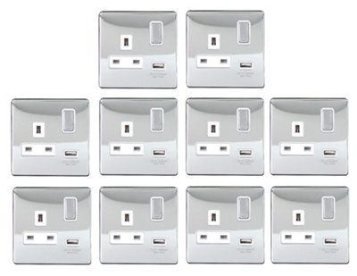 10 Pack Chrome Screwless 13A & 2.1A USB Charger Sockets 1 Gang Switched ...