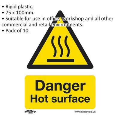 10-Pack DANGER HOT SURFACE Safety Signs - Rigid Plastic Warning 75x100mm