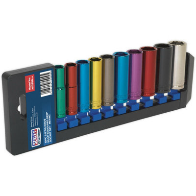 10 PACK Multi Colour DEEP Socket Set 3/8" Metric Square Drive - 6 Pt WallDrive | DIY at B&Q
