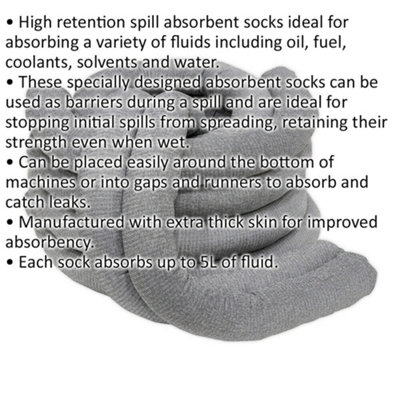 10 Pack of 80 x 1200mm Oil Absorbent Socks for Fluid Spillage Control
