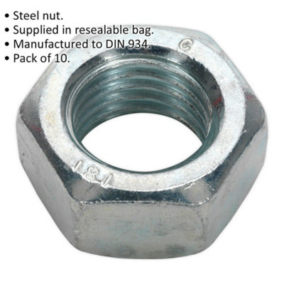 10 Pack of M20 Steel Hex Nuts - 2.5mm Pitch - Quality DIN 934 Compliant ...