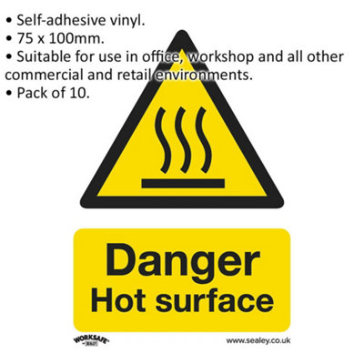 10 Pack of Self-Adhesive DANGER HOT SURFACE Safety Signs - 75 x 100mm ...