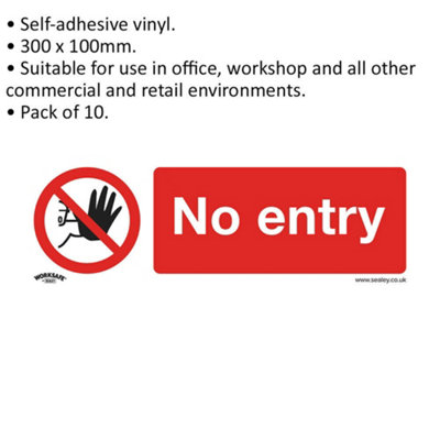 10 Pack of Self-Adhesive NO ENTRY Health & Safety Signs - 300 x 100mm ...