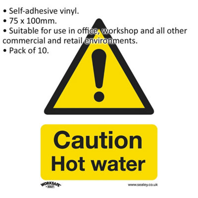10-Pack Self-Adhesive Caution Hot Water Safety Signs - 75 x 100mm