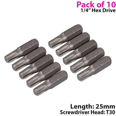 10 PACK T30 Chrome Vanadium Screwdriver Bits 1/4" Hex Star Shank