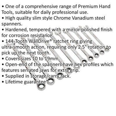 10-Piece Extra Long Combination Spanner Set - 10mm to 19mm with Slim ...