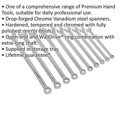 10-Piece Extra Long Combination Spanner Set - Metric Sizes 10mm to 19mm