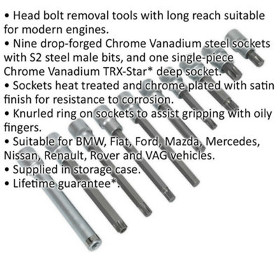 Buy 10 Piece Head Bolt Socket Bit Set - 1/2" Sq Drive - S2 Steel Male ...