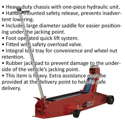 10 Tonne Heavy Duty Long Reach Trolley Jack 600mm Max Height in Red for Safe Lifting