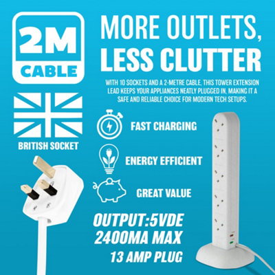 10 Way Gang 2M Extension Lead Tower Uk Cable 13 Amp Socket Power Plug ...