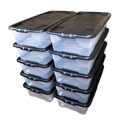 10 x 42L Clear Under Bed Storage Box with Black Lid, Stackable and ...
