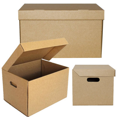 10 x Archive Cardboard Filing Storage Boxes 15x12x9" With Hinged Lids