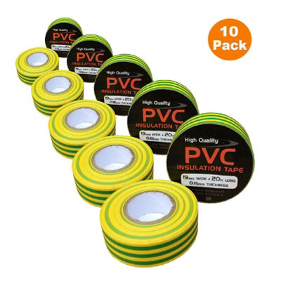 10 x Electrical Yellow/Green Earth PVC Insulation Tape 19mm x 20m Flame ...