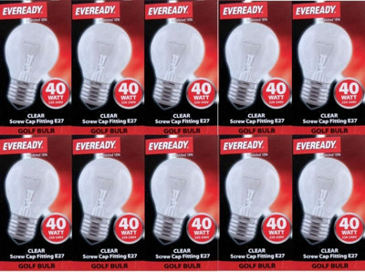 10 x Eveready 40W ES E27 Clear Golf Light Bulbs