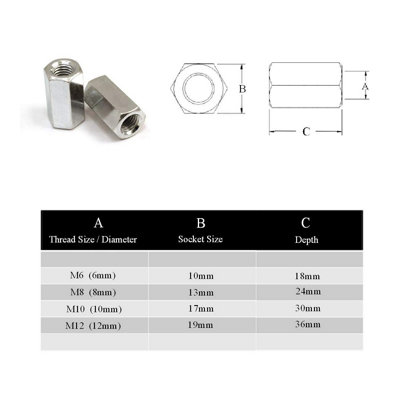 10 x Metric Hexagon 6mm Connector Long Nuts, for Connecting Screwed Rod ...