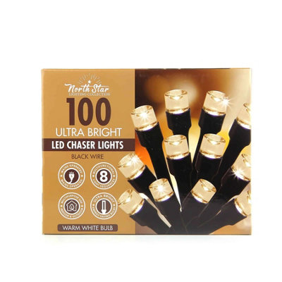 100 LED Chaser Lights Black Wire - Warm white