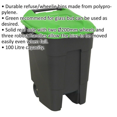 100 Litre Green Wheelie Bin with Solid Axle and 200mm Wheels for Easy ...