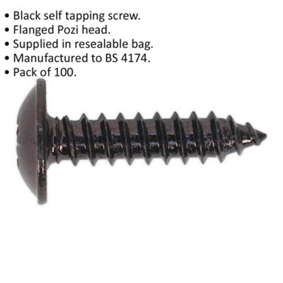 100 Pack Self Tapping Black Screws - Flanged Pozi Head 4.8 x 19mm Fixings