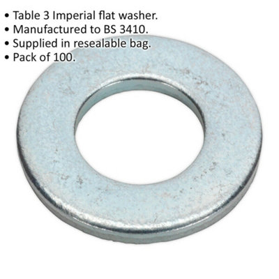 100 PACK Table 3 Zinc Flat Washer - 3/16" x 7/16" - Imperial - Metal Spacer