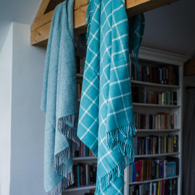 100% Pure New Wool Chequered Check Throw Blanket Made in Wales Blue ...