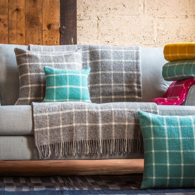 100% Pure New Wool Chequered Check Throw Blanket Made in Wales Grey ...