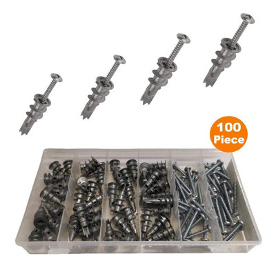 100 x Metal Plasterboard Anchors & Screws, Cavity Dry wall Fixings Self ...