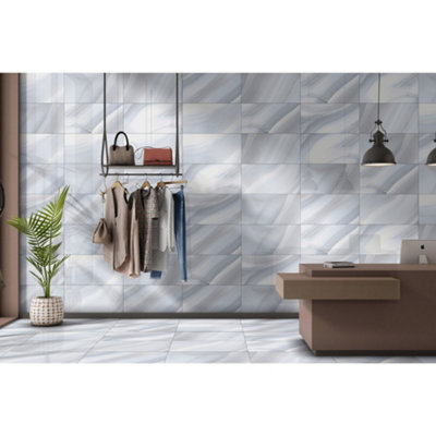 100 x Ocean Wave Marble Effect Matt Porcelain Indoor Wall & Floor Tiles ...