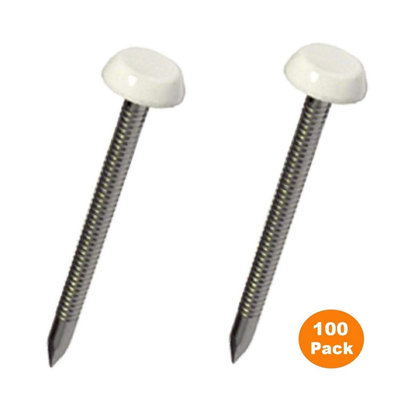 100 x White UPVC 50mm Poly Top Pins Nails Plastic Headed Fascia Fixings ...